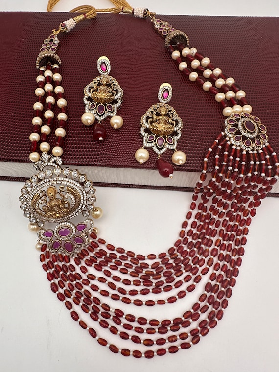 Red Beads Pearls Side Pendent Multi Layer Beads Necklace indian Jewelry Goddess Lakshmi Necklace Etsy