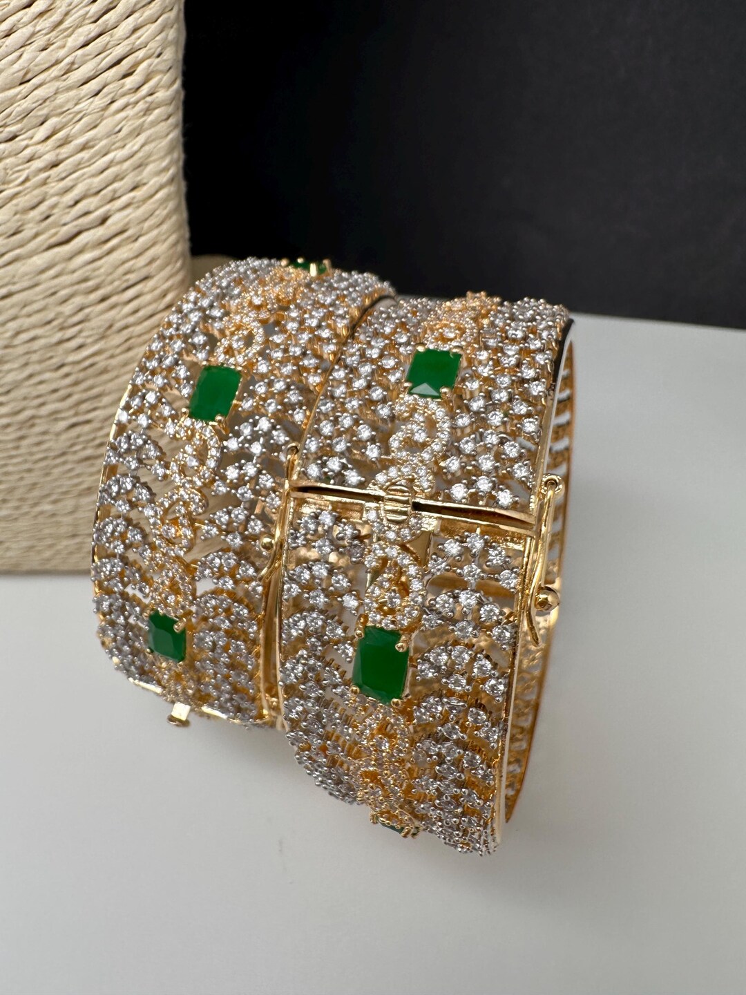 Openable Bangles Diamond Emerald Green ,CZ Indian Bangles, Pakistani ...