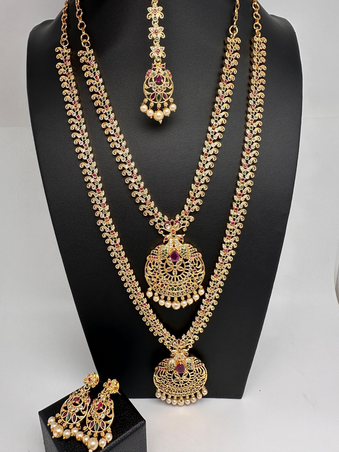 CZ Multi Stone Combo Short Long Necklace Mang Tika Indian Temple ...