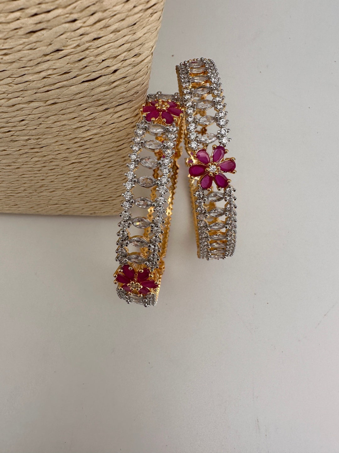 AD Ruby Floral Bangles, Indian Jewelry, Pakistani Jewelry - Etsy