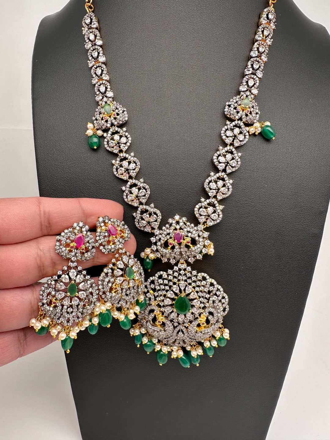 Emerald Green Diamond Short Necklace, Pakistani Jewelry, Indian Jewelry ...