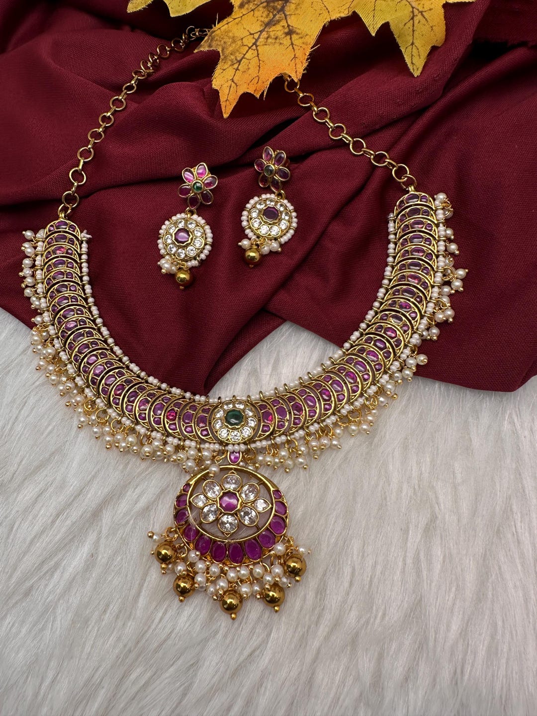 Matte Kemp Detachable Pendent Neckline Red Necklace Indian Jewelry - Etsy