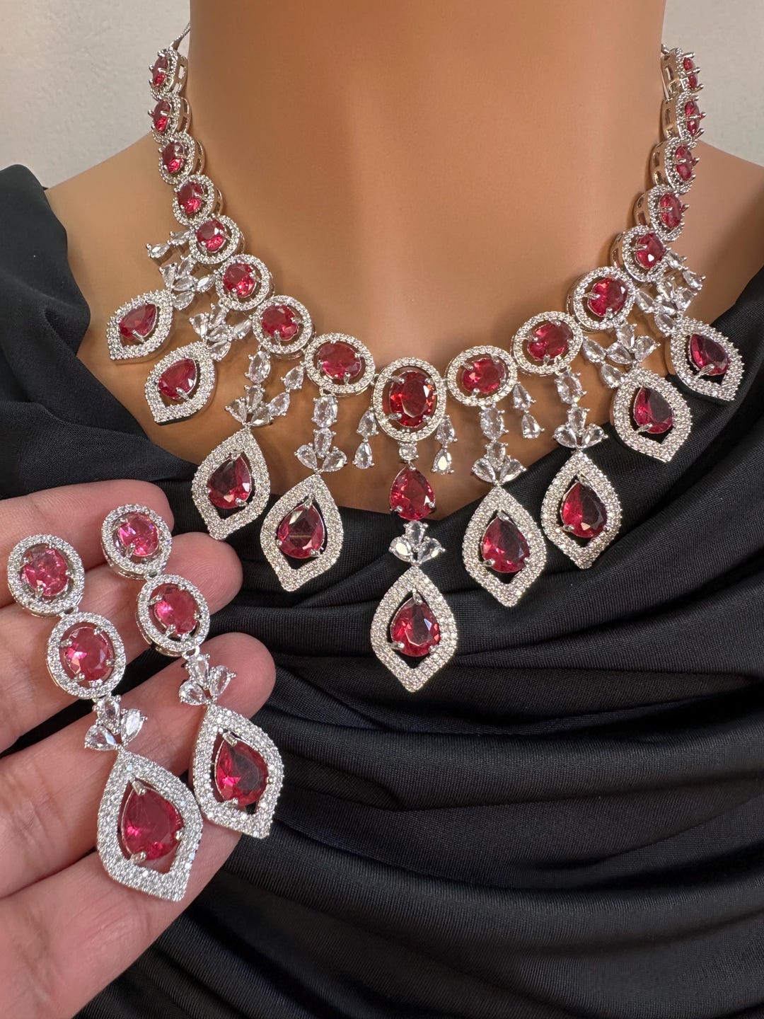 AD Wine Red Silver Necklace Indian Jewelry Pakistani Jewelry - Etsy