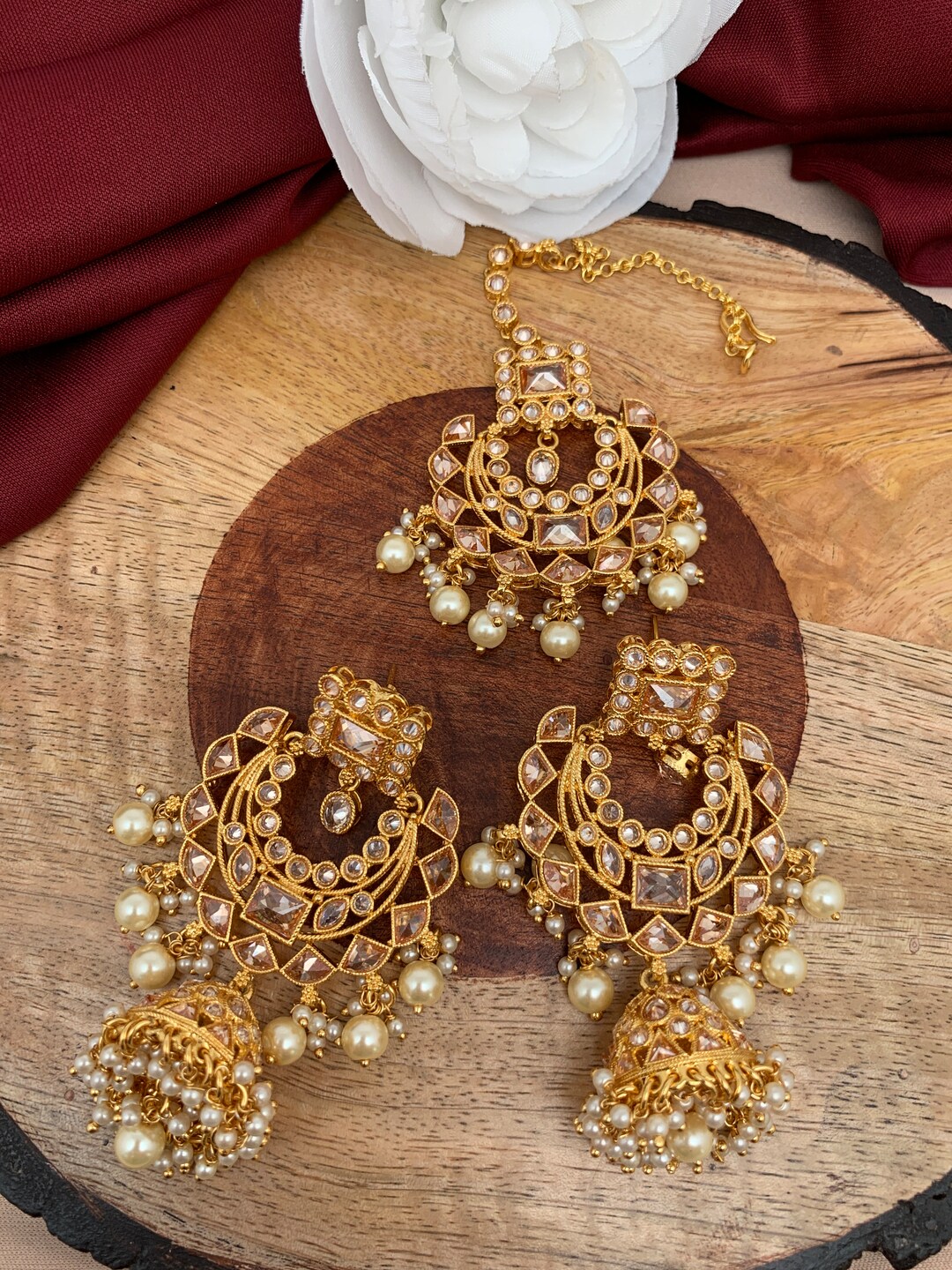Clear Stone Polki Pearls Chandbali Jhumki With Maang Teeka - Etsy