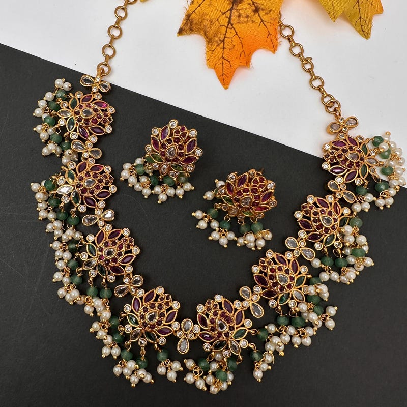 Jadau Lotus Necklace Set - Etsy