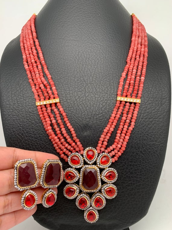 AD Red Stone Pendent Pink Onyx Beads Necklace Rani Haar - Etsy