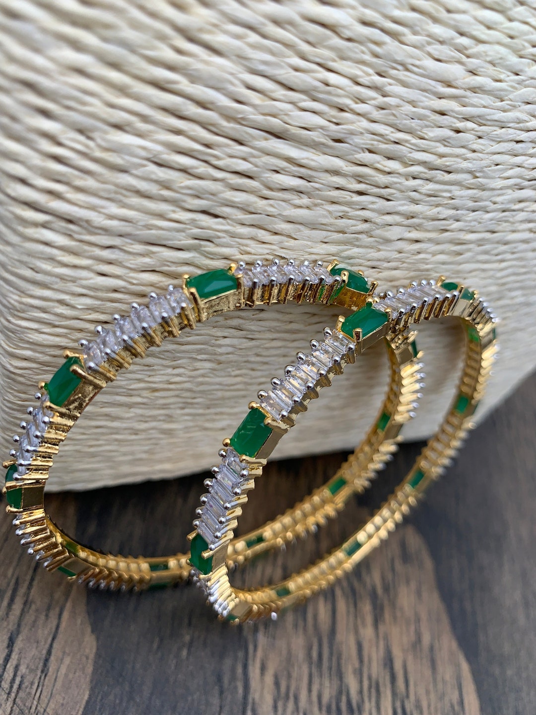 AD Emerald Green Baguette Stone Bangles ,american Diamond Green Bangles ...