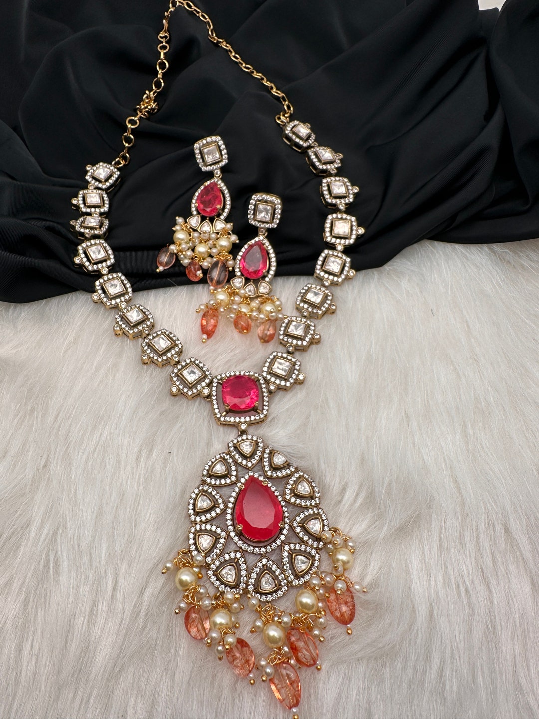 Moissanite AD Pink Victorian Necklace, Indian Jewelry, Pakistani ...