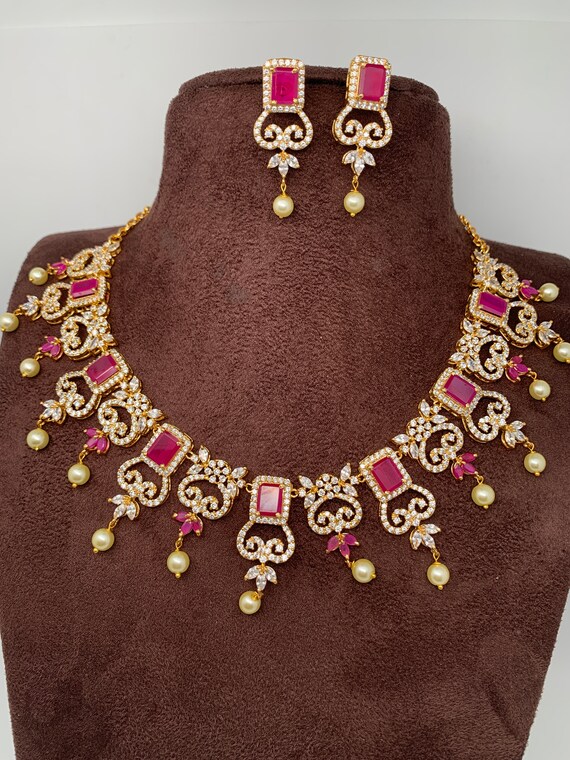 American Diamond Golden Polish Ruby Red Stone Short - Etsy