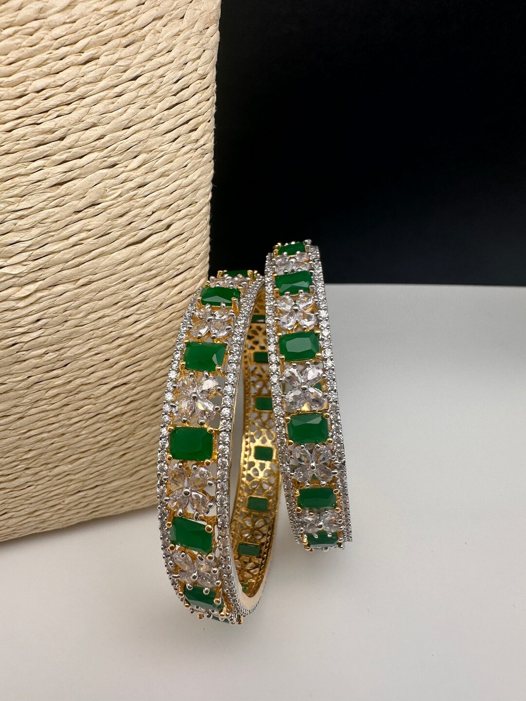 Diamond Emerald Bangles ,CZ Indian Bangles, Pakistani Jewelry, Green AD ...