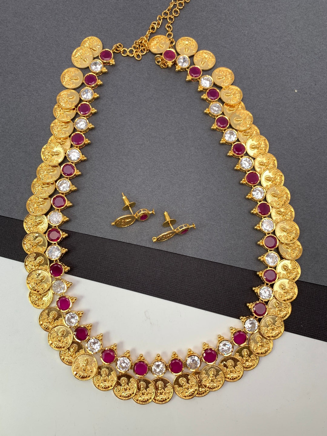 CZ Red Stone Goddess Lakshmi Coin Kassu Mala Necklace - Etsy