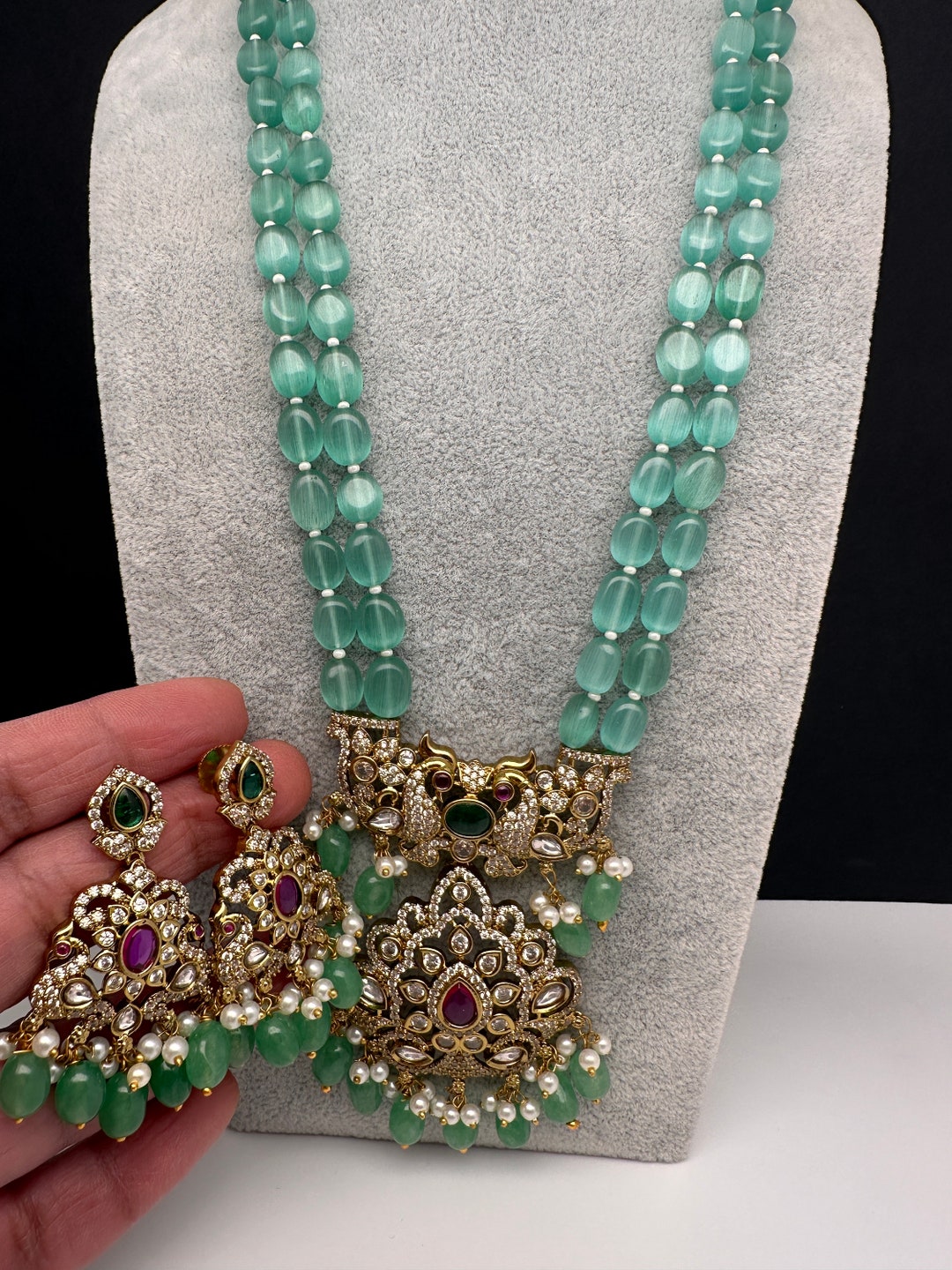 Victorian Mint Green Beads Multi Stone Necklace/monalisa Beads/indian ...