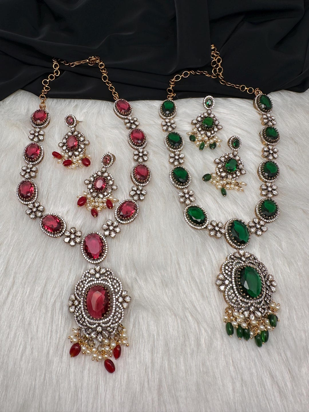 Victorian Doublet Necklace/ Cubic Zirconia Red Green Necklace/ Indian ...