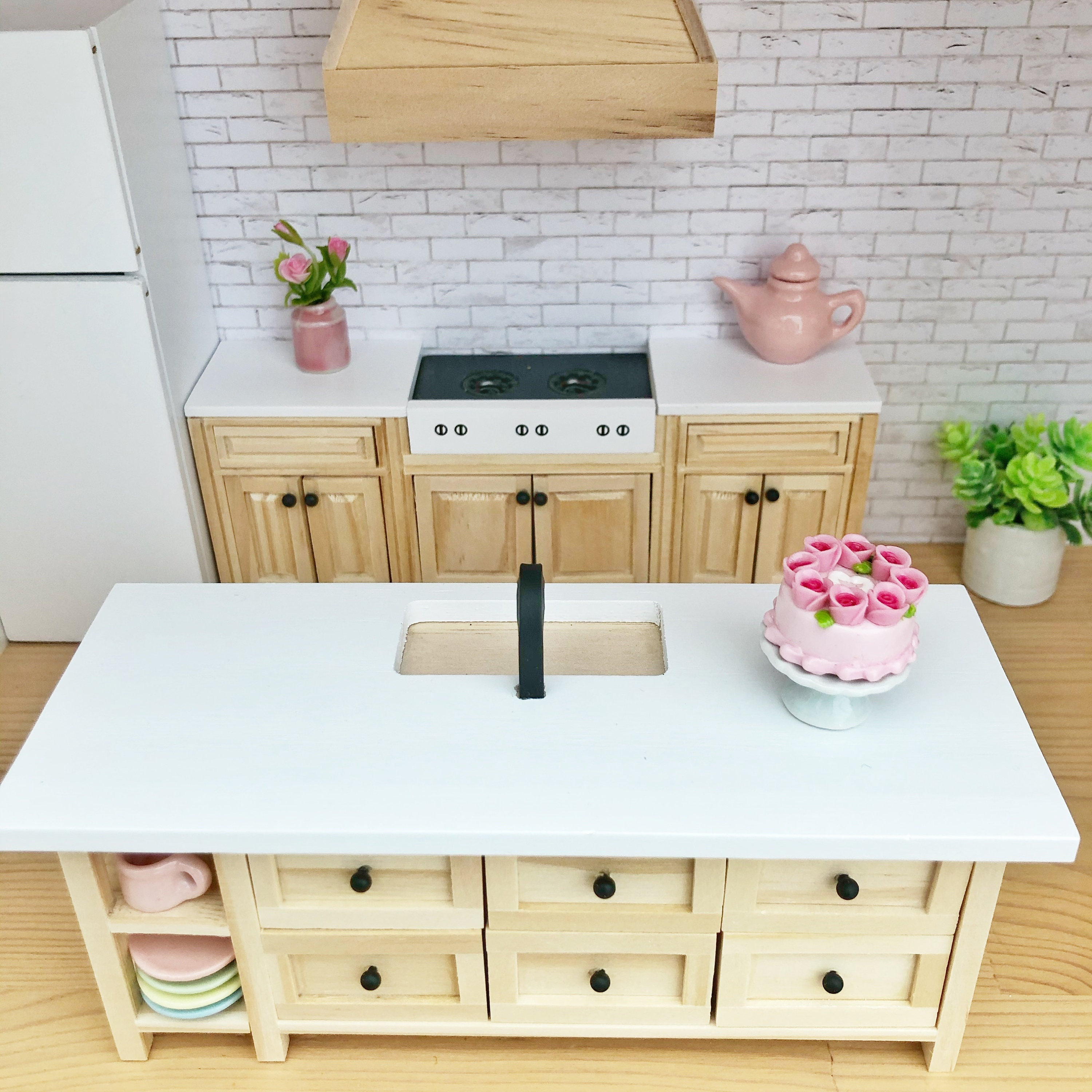 Modern Dollhouse Wooden Kitchen Island With Drawers and Black - Etsy