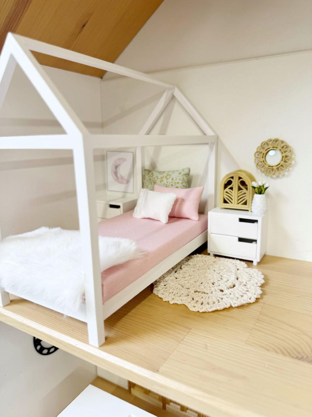Pink House Bed for Mini 1/12 Scale Modern Dolls House - White Wood - Etsy