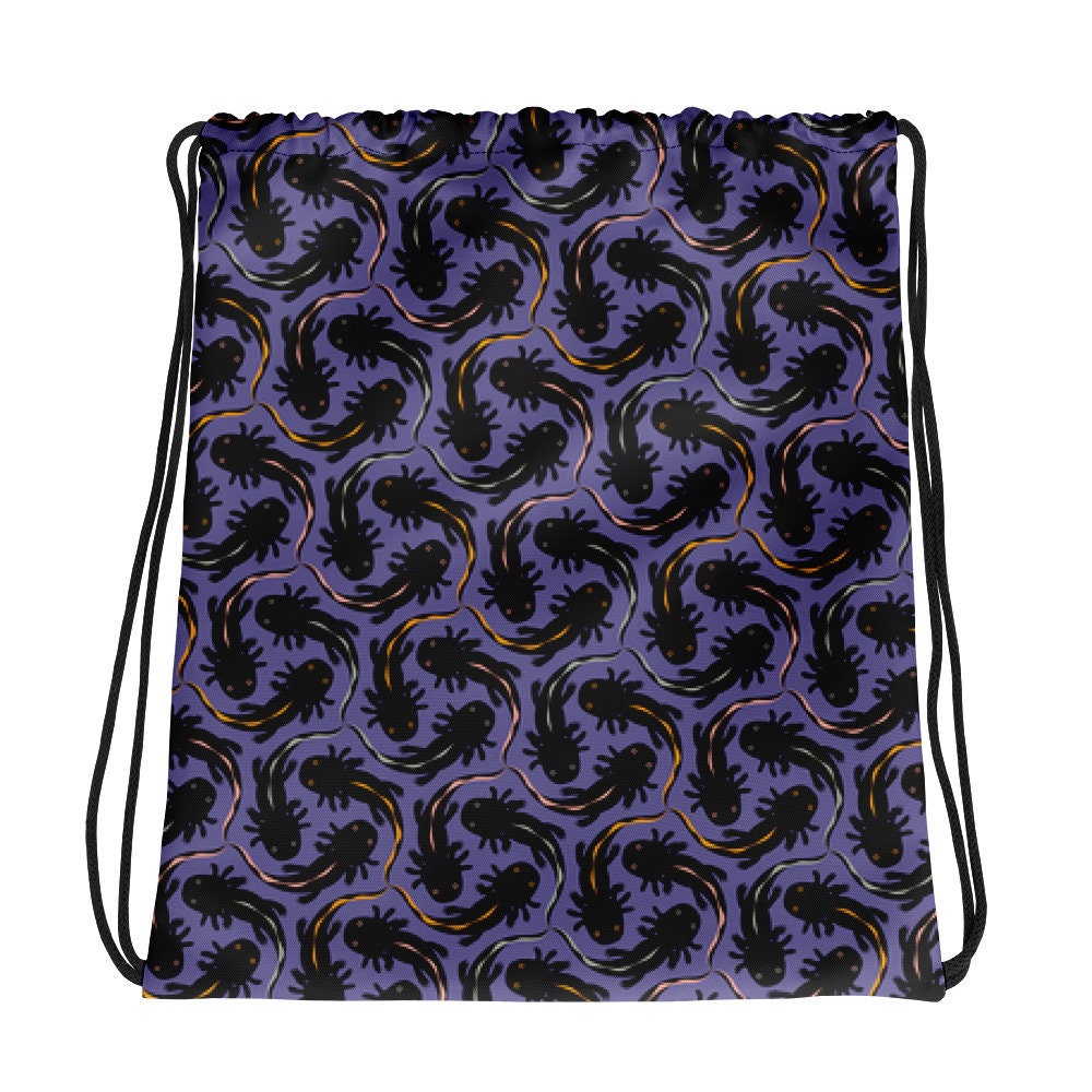 Drawstring Bag With Illustrated Axolotl Symmetrical Pattern in Purple ...