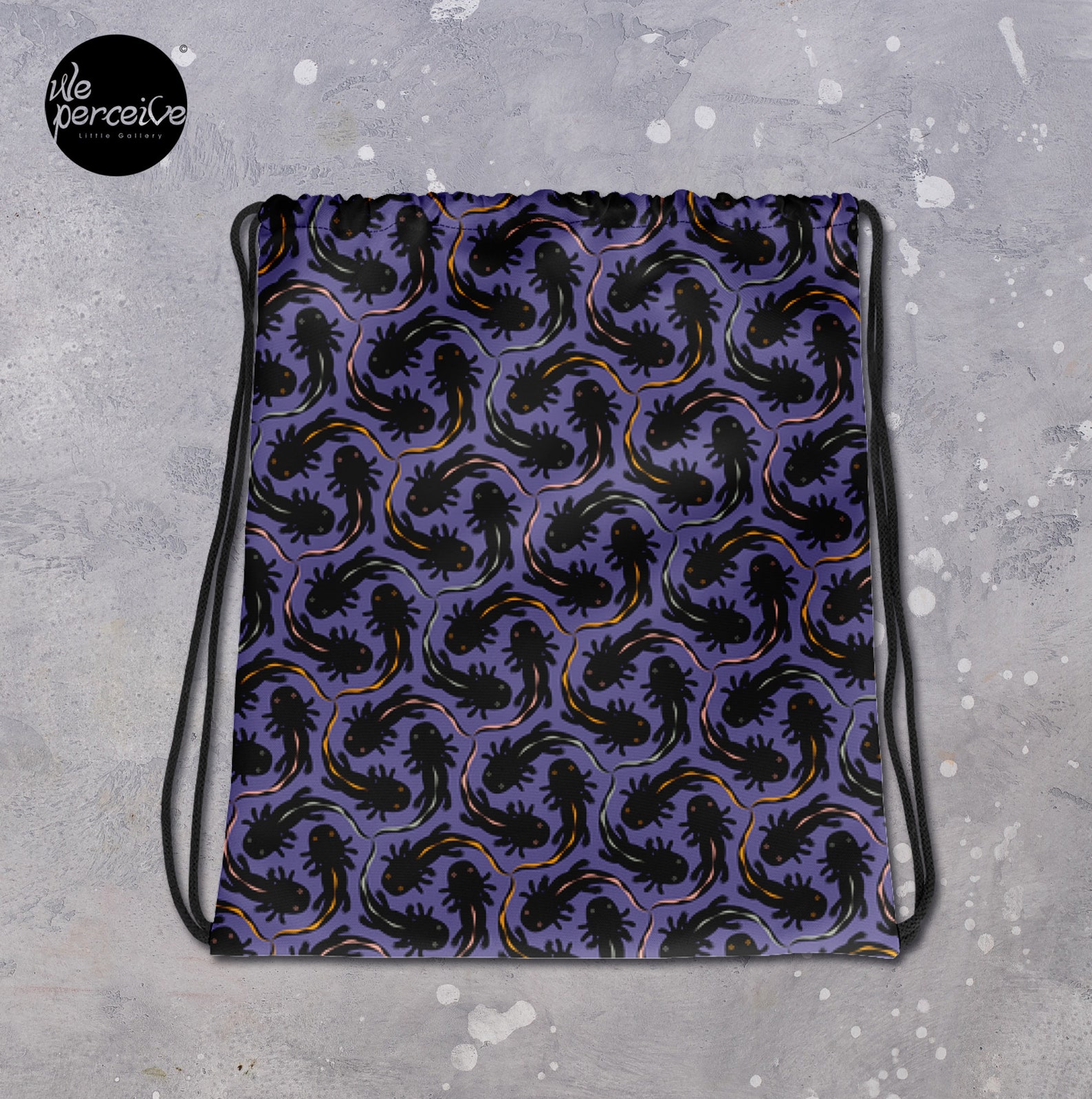 Drawstring Bag With Illustrated Axolotl Symmetrical Pattern in Purple ...