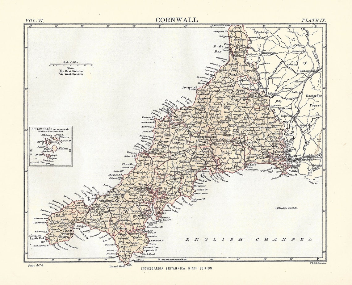 Antique Map CORNWALL ENGLAND From 9th Edition Encyclopaedia - Etsy