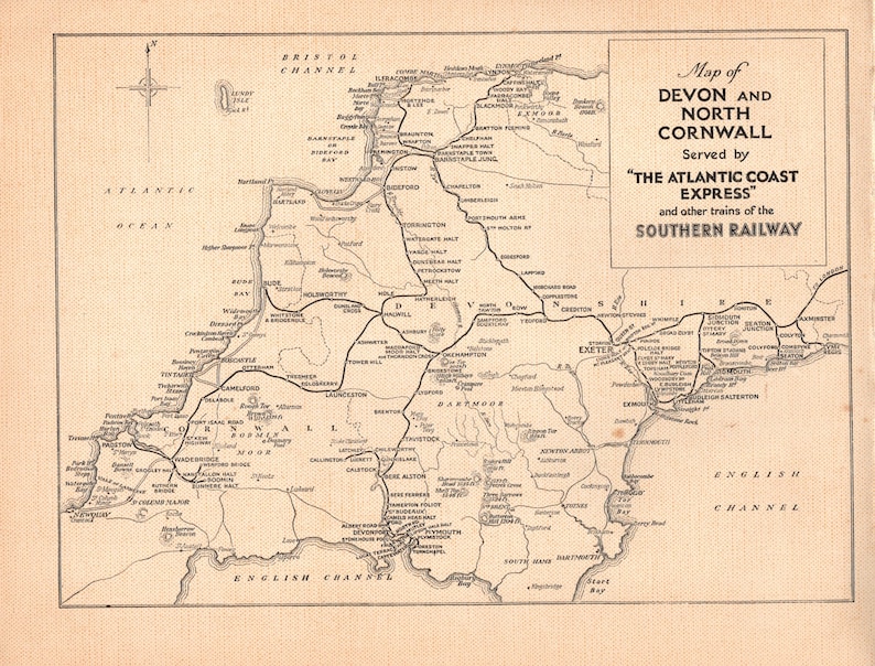 1932 Devon & North Cornwall Map: Atlantic Coast Express Train - Etsy