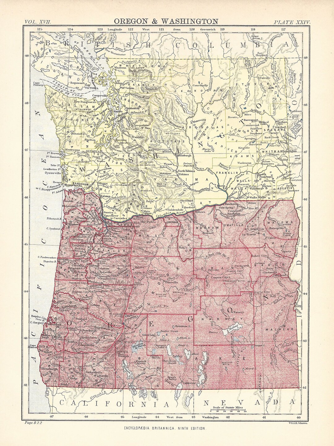 Antique Map OREGON & WASHINGTON, USA From 9th Edition Encyclopaedia ...