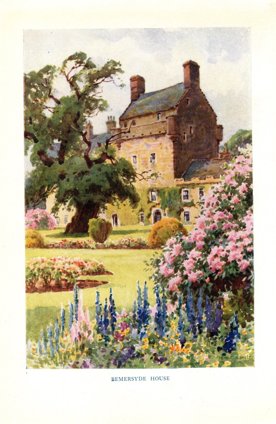 1922 Bemersyde House Scotland Antique Print: E.W. Haslehust Watercolour ...