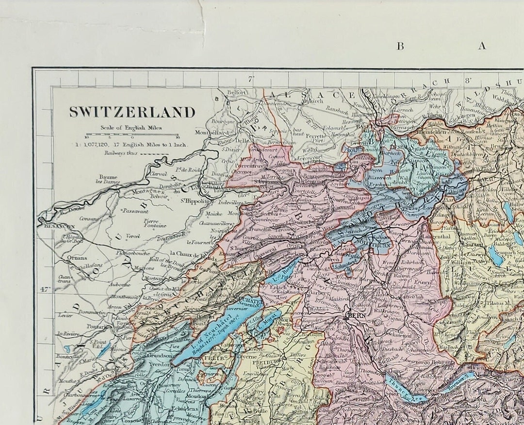 Antique SWITZERLAND Original 1889 Map - Rare 19th Century Large Map ...