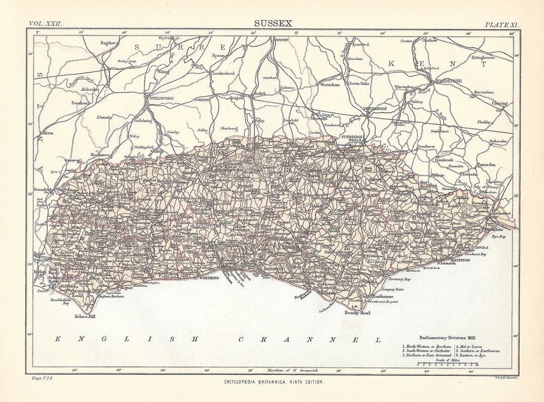 Antique Sussex England Map Print: 1885 Encyclopaedia Britannica - Etsy