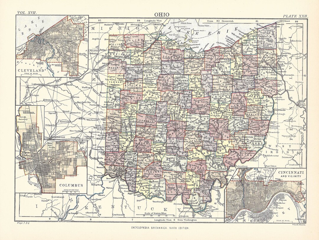 Antique Map OHIO, USA From 9th Edition Encyclopaedia Britannica 1875 ...