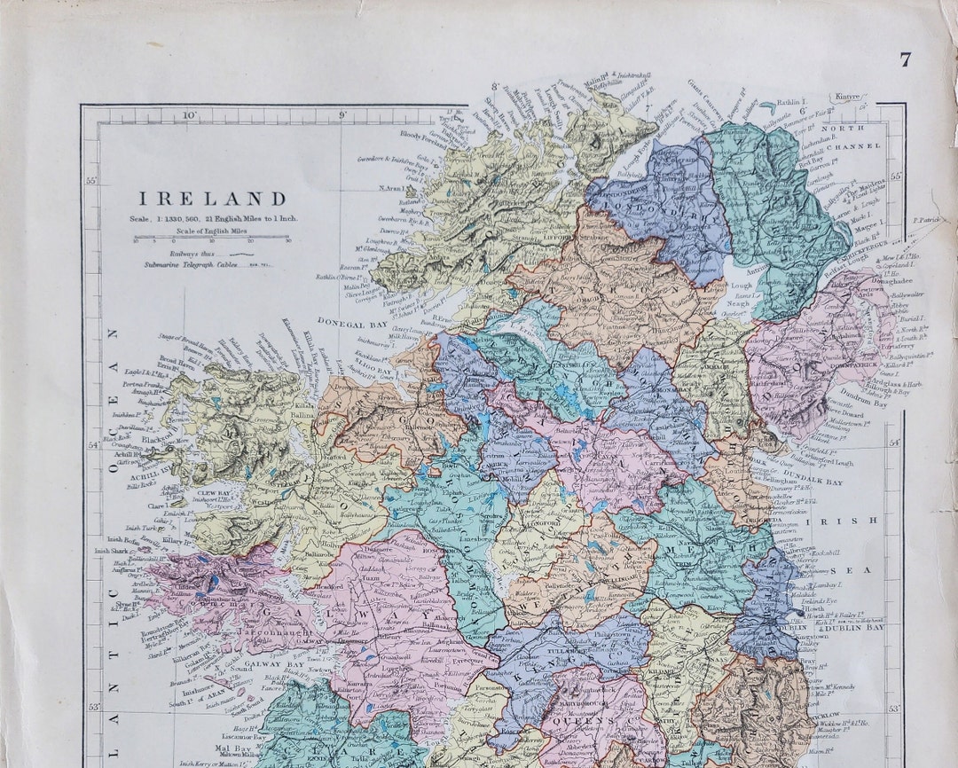 Antique IRELAND Original 1889 Map - Rare 19th Century Large Map ...