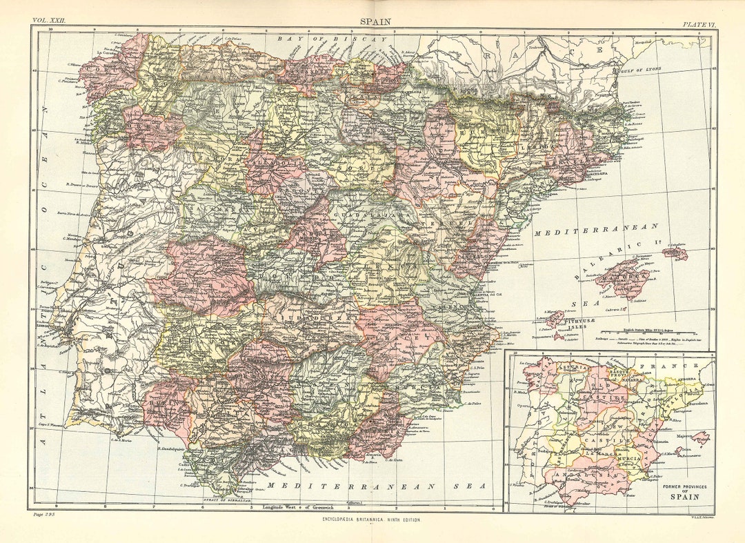 Antique Spain Map Print: 1875 Encyclopaedia Britannica, Victorian Era ...