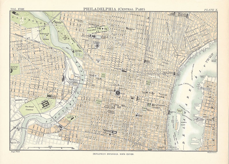 Antique Map PHILADELPHIA Central Part USA from 9th Edition | Etsy