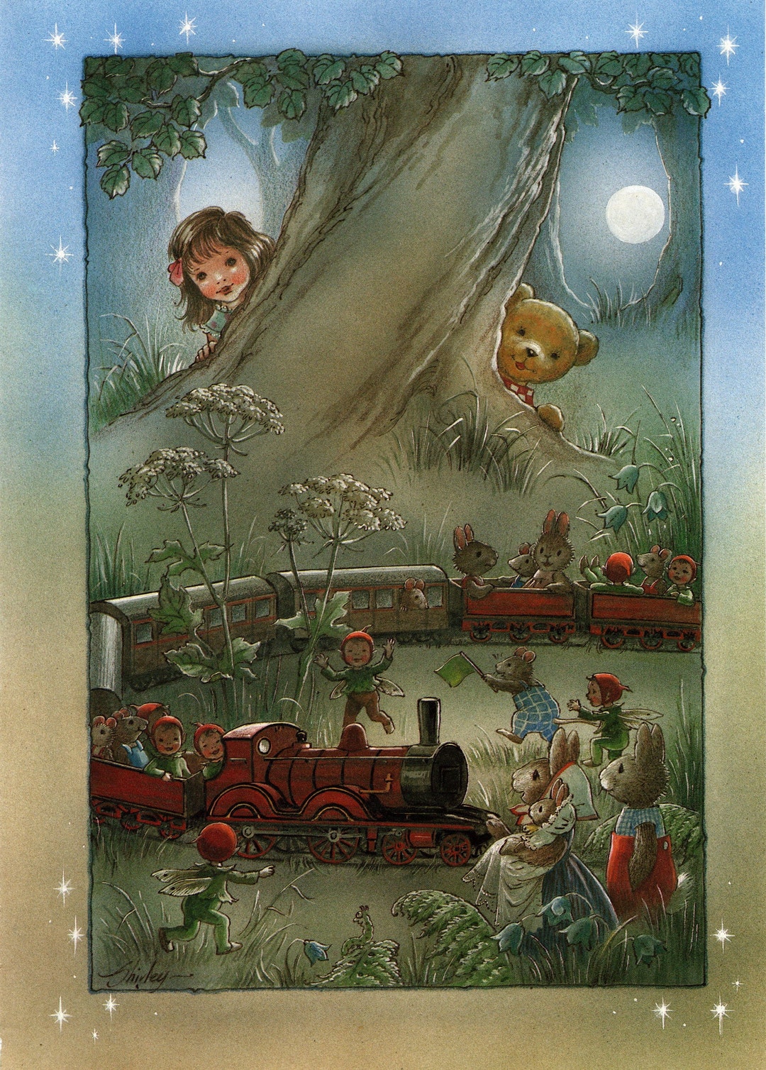 Shirley Barber Vintage Print: Moonlight Train Ride, Teddy & Forest ...
