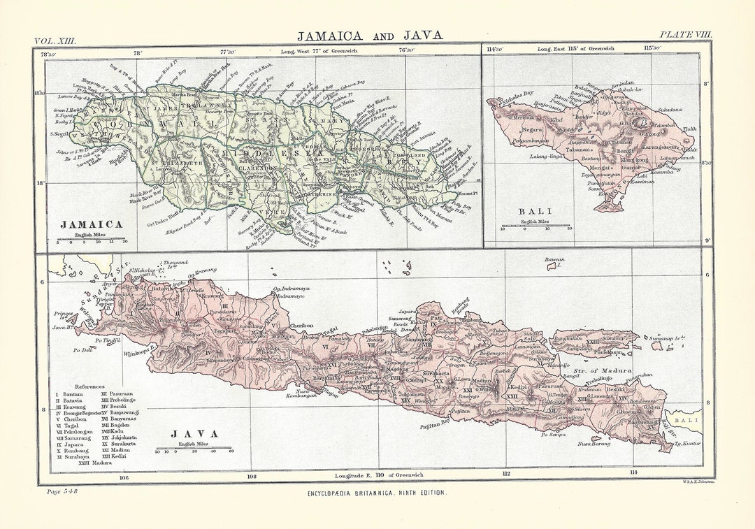 Antique Map JAMAICA, JAVA, BALI From 9th Edition Encyclopaedia ...