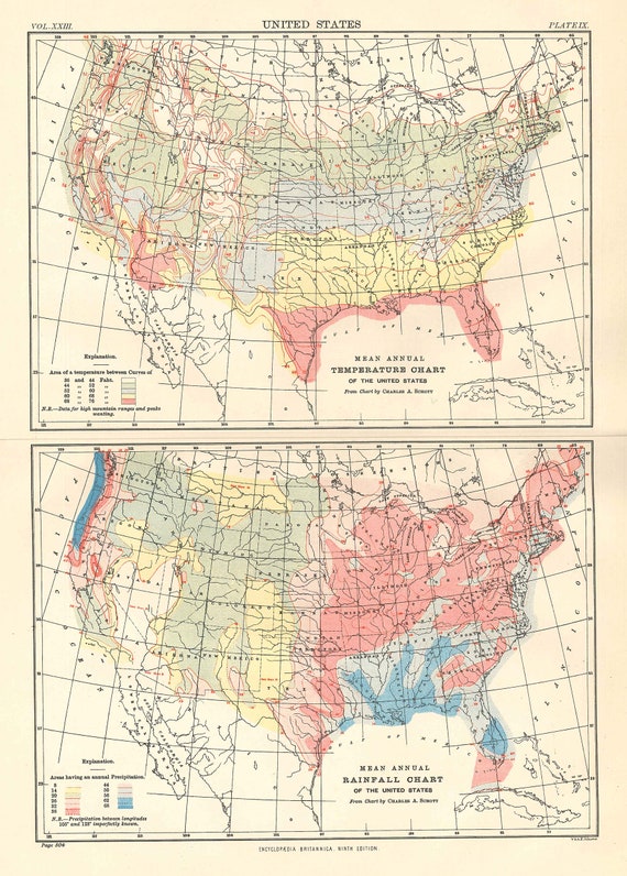 Antique Map UNITED STATES Temperature & Rainfall Charts From | Etsy