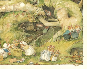 Jill Barklem BRAMBLY HEDGE Original Vintage 2-sided Print 1999 Cute Mice Picnics, Gatherings ...