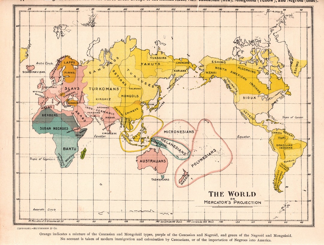 1910 Antique World Map: Mercator's Projection, Ethnology Print - Etsy ...
