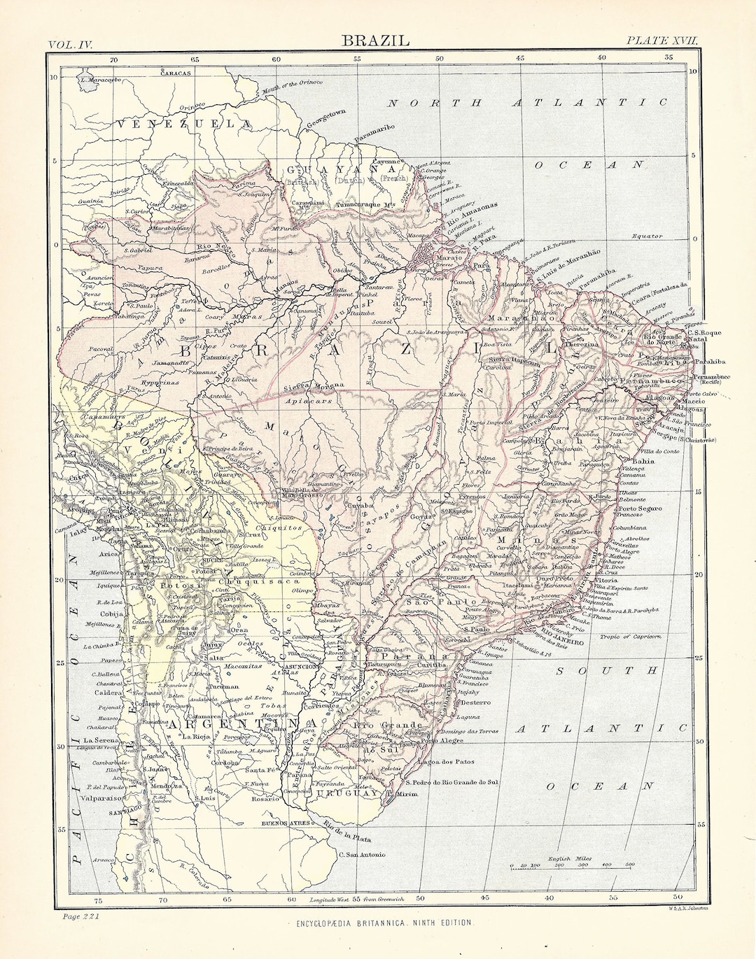 Antique Brazil Map Print: 1875 Encyclopaedia Britannica, South America ...