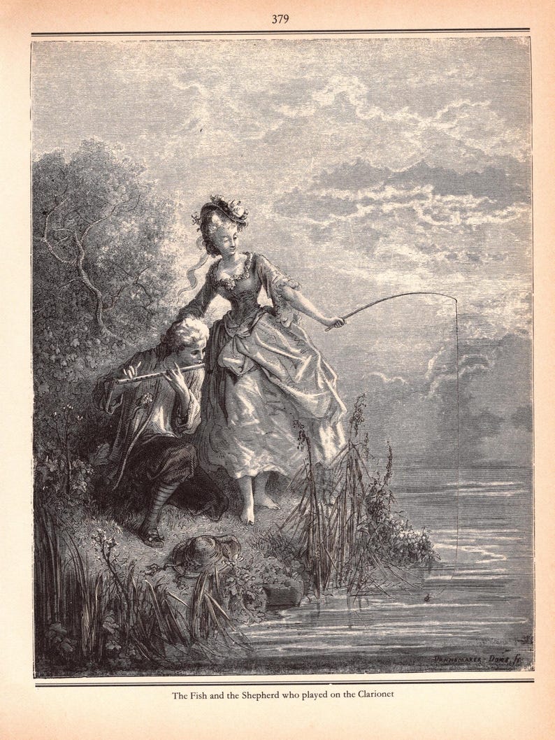 Gustave Doré Print: La Fontaine Fable, Fish and Shepherd, Vintage ...