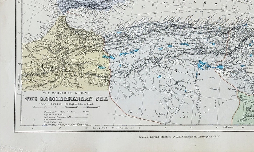 Mapa original de 1889 de los PAÍSES DEL MAR MEDITERRÁNEO Occidental antiguo Mapa grande raro del ...