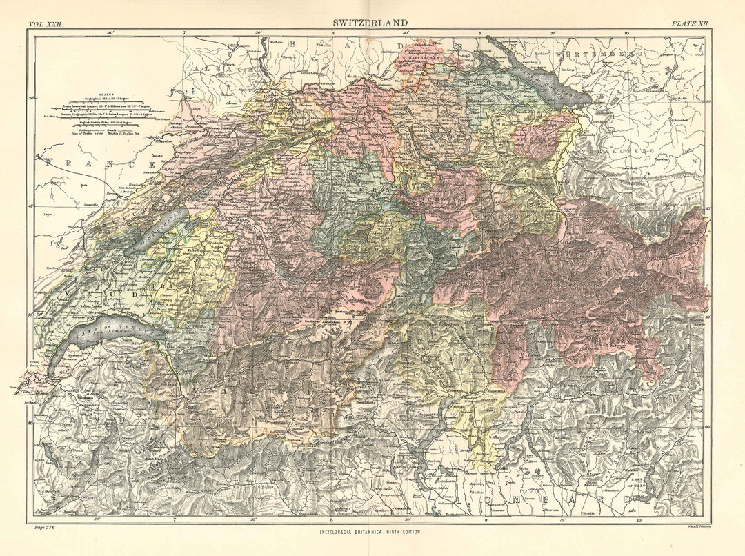 Antique Switzerland Map Print: 1875 Encyclopaedia Britannica, Victorian ...