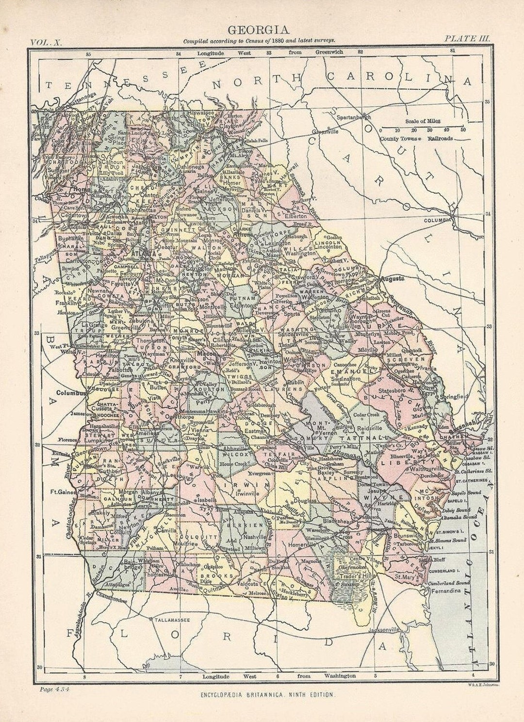 Antique Map GEORGIA, USA From 9th Edition Encyclopaedia Britannica 1875 ...