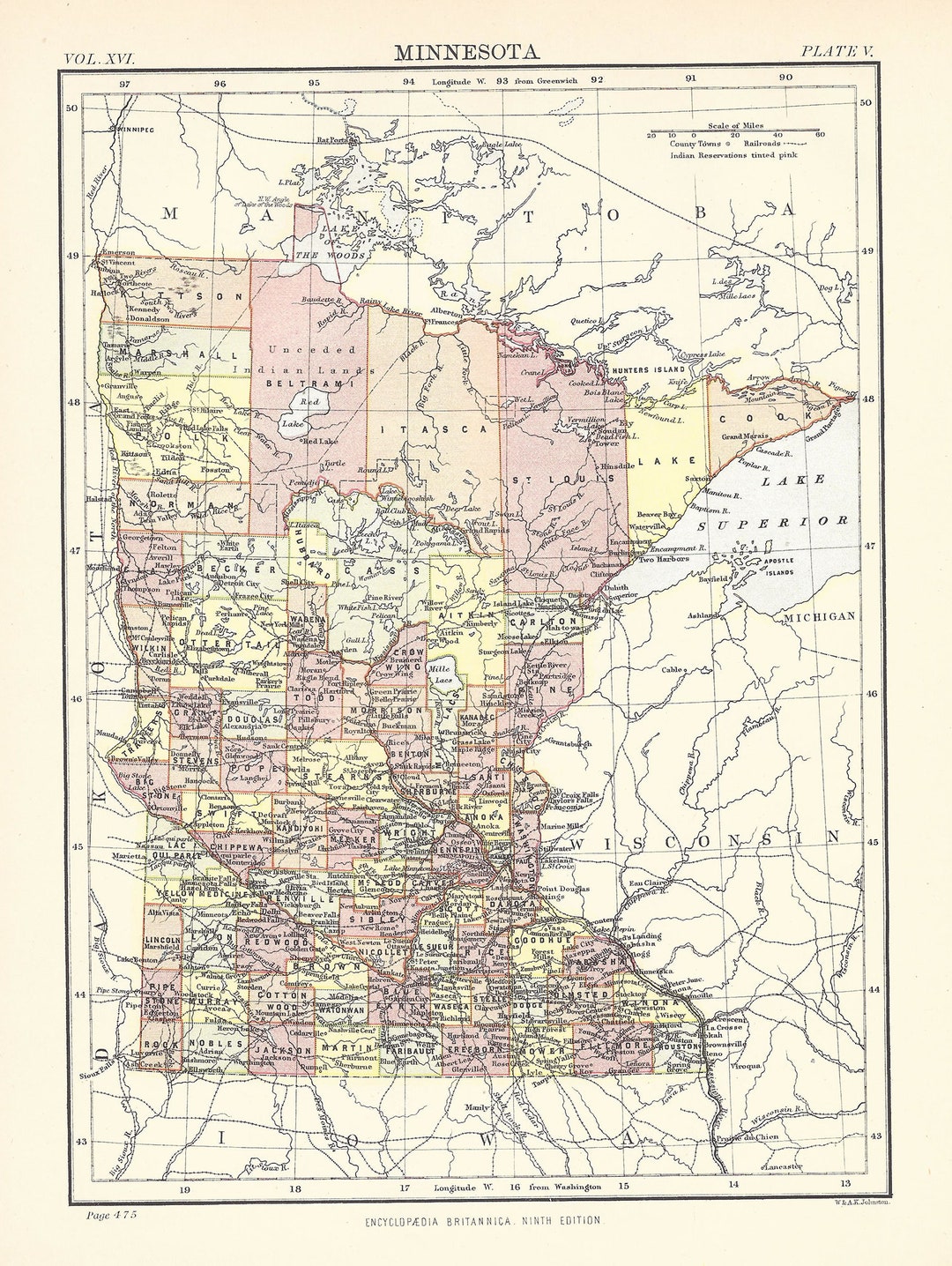 Antique Map of Minnesota: 1886 Encyclopaedia Britannica Print - Etsy