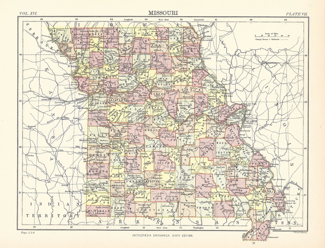 Antique Map MISSOURI, USA From 9th Edition Encyclopaedia Britannica ...