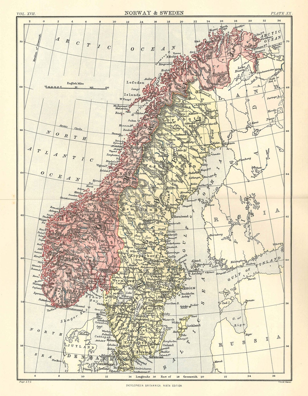 Antique Map of Norway & Sweden: 1875 Encyclopaedia Britannica Print - Etsy