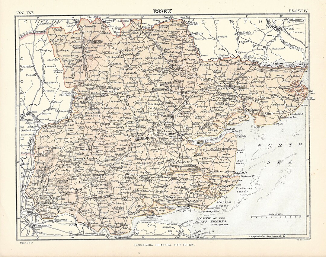 Antike Karte ESSEX, ENGLAND aus der 9. Auflage der Encylopaedia ...