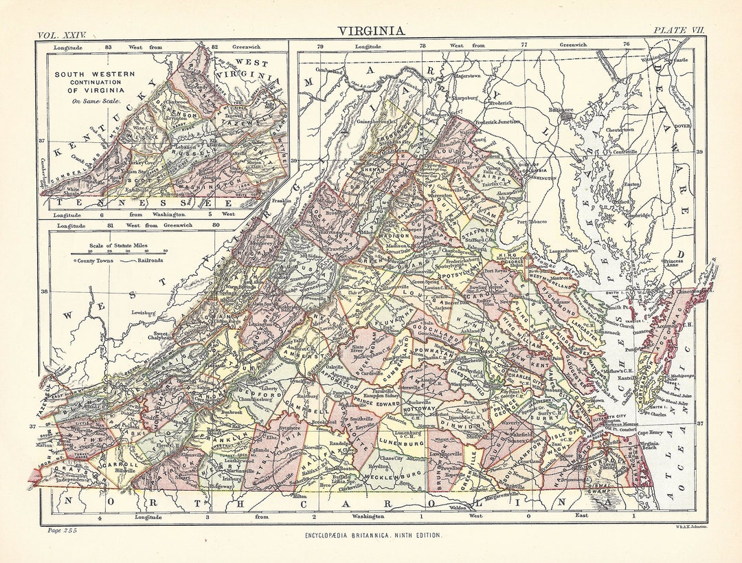 Antique Map VIRGINIA, USA From 9th Edition Encyclopaedia Britannica ...