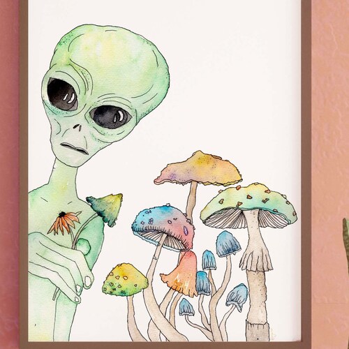 Alien and Mushroom Art Print Hand Painted WATERCOLOR - Etsy