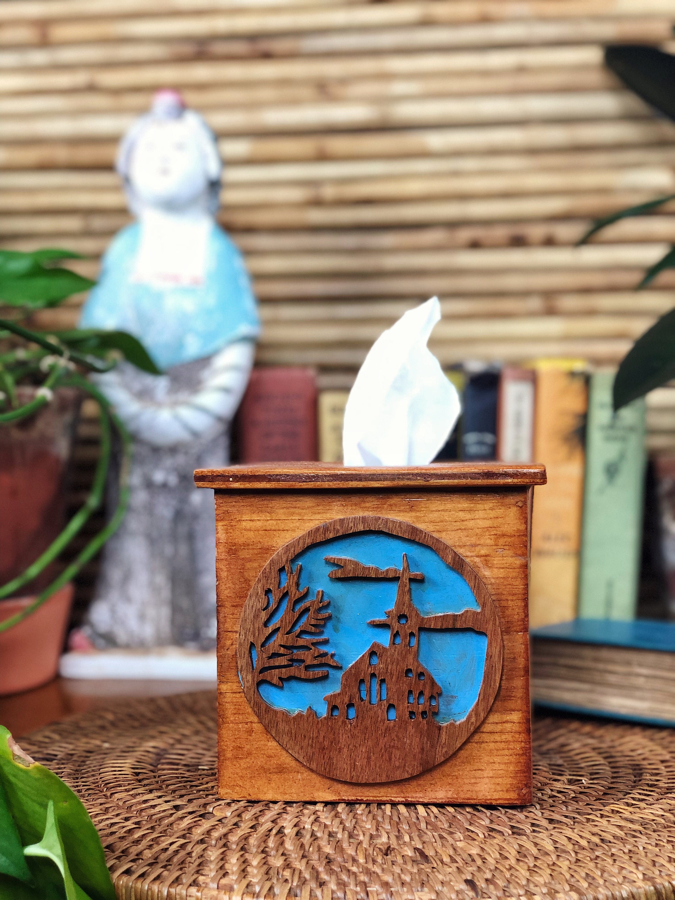 Vintage Wooden Tissue Box - Hand Carved Wooden Box or Plant Stand With ...