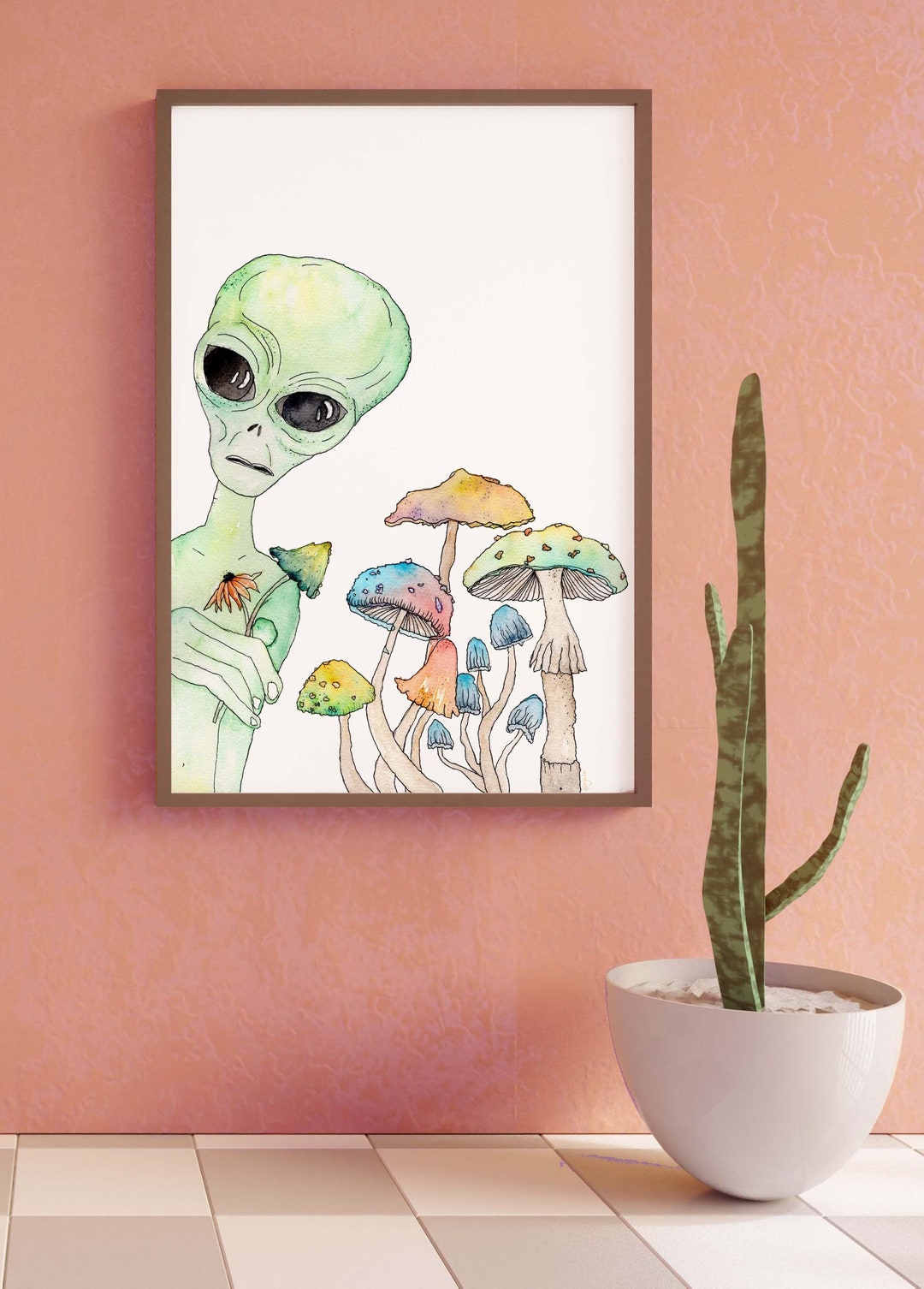 Alien and Mushroom Art Print - Hand Painted WATERCOLOR Psychedelic ...