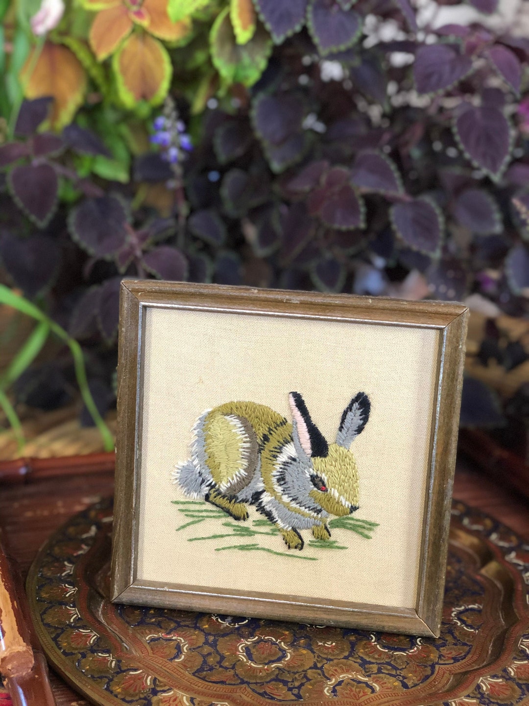 1970s Vintage Hand Embroidered Rabbit Art Framed Embroidered Rabbit 6. ...